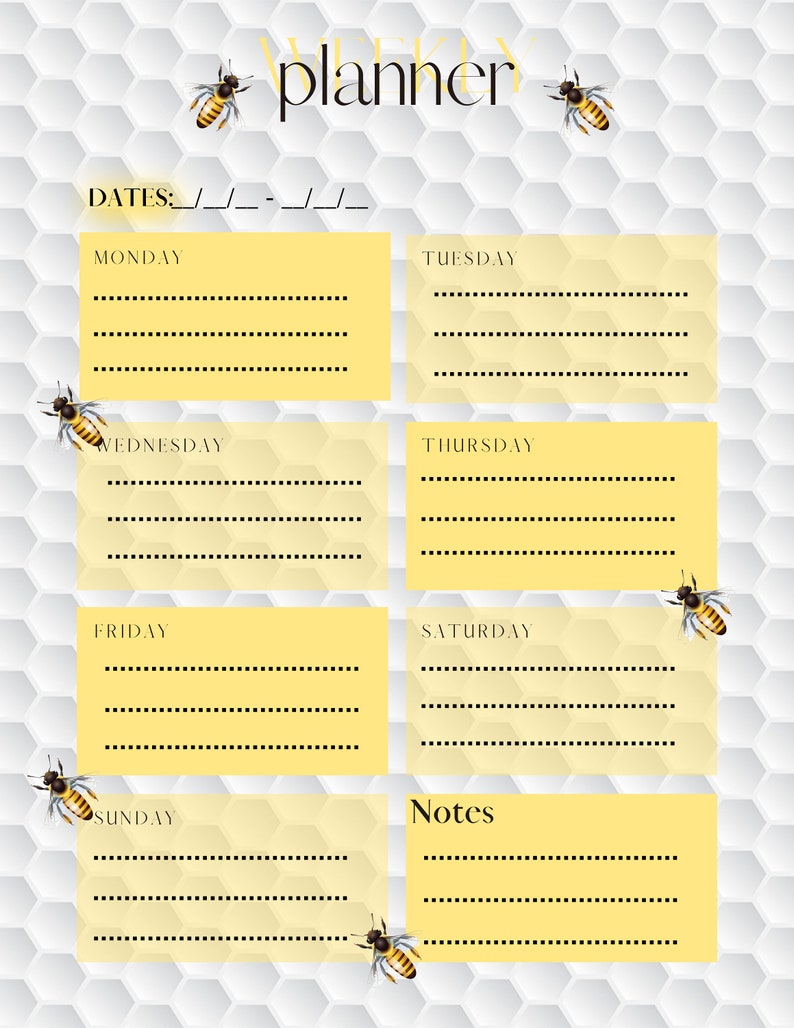 Bee Planner Sheet, Bee Printable Sheets, Bee Themed Planner Sheet, Bee ...