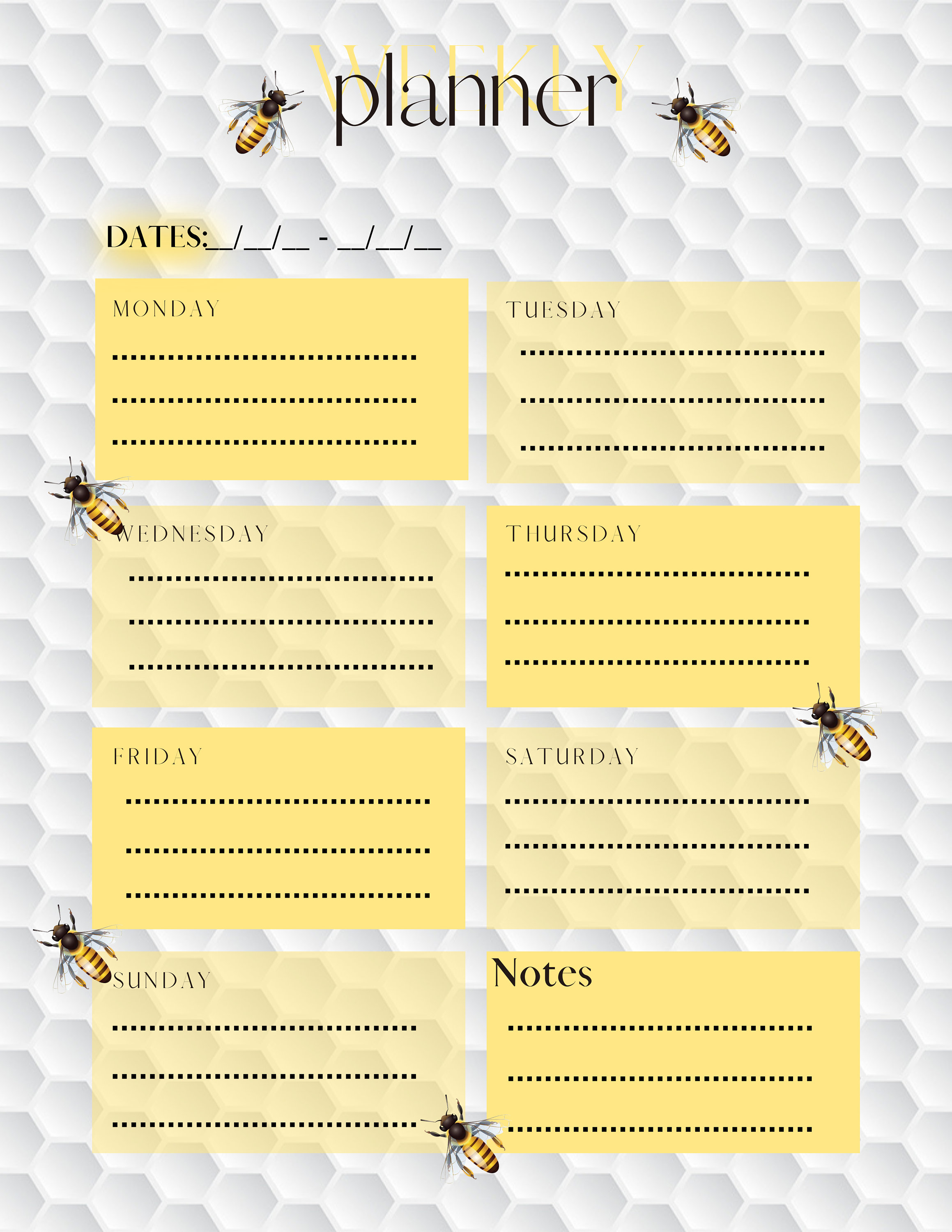 Bee Planner Sheet, Bee Printable Sheets, Bee Themed Planner Sheet, Bee ...