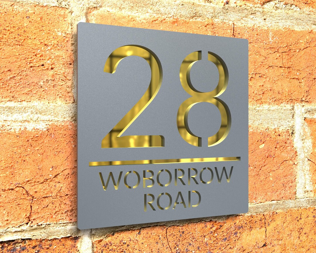 Modern Grey Door Numbers, With Gold Mirror Floating Door Sign, Custom ...