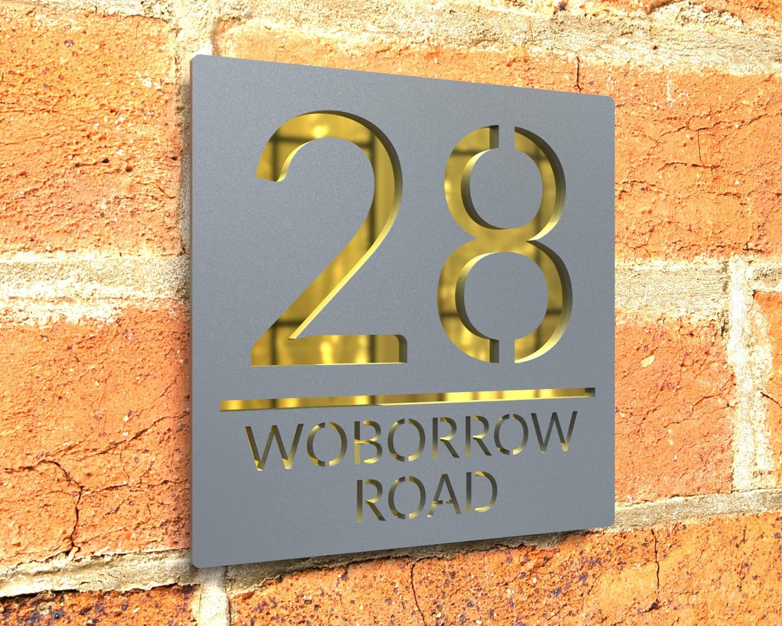 Modern Grey Door Numbers, With Gold Mirror Floating Door Sign, Custom ...