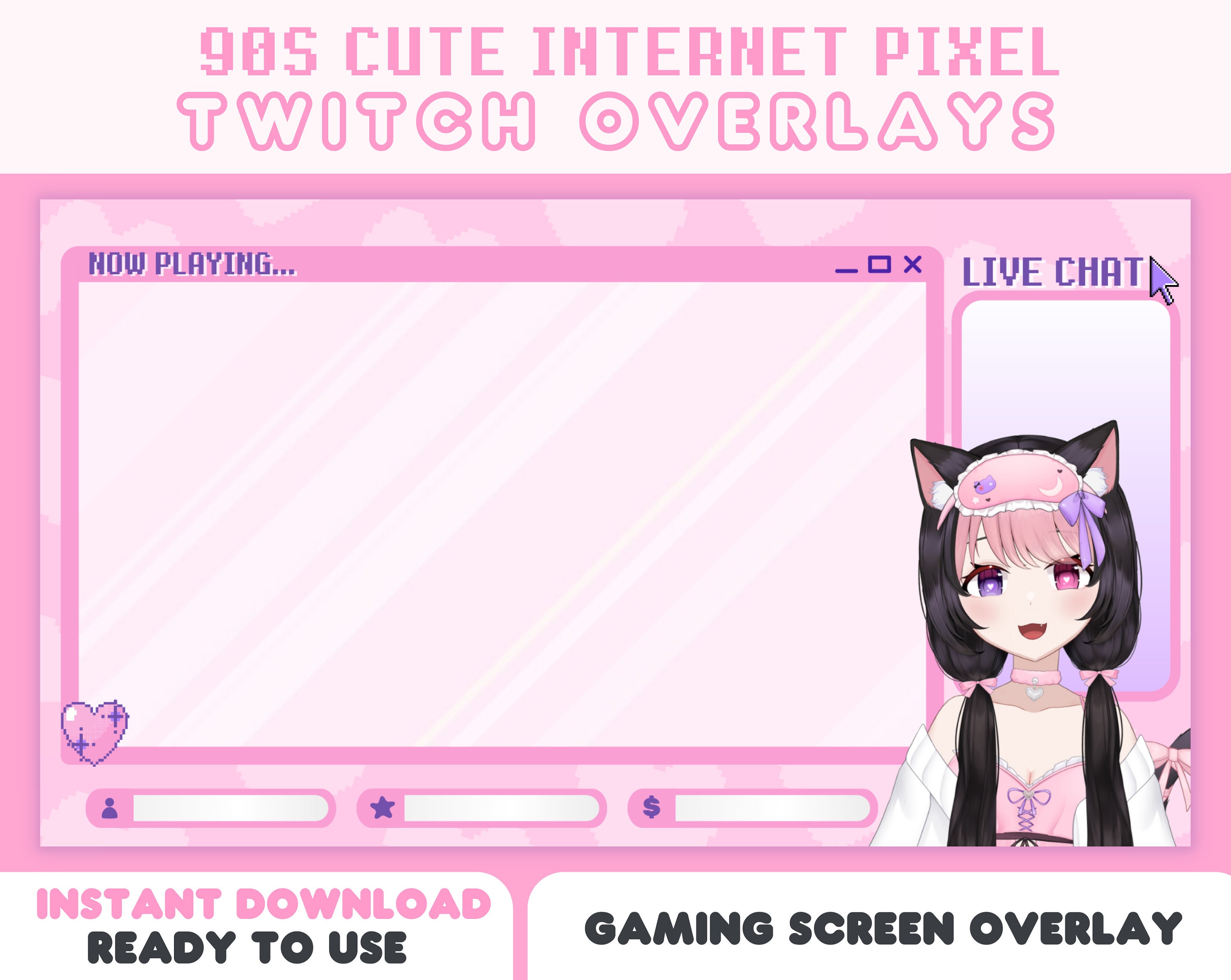 Pink 90s Internet Cute Pixel Twitch Overlays Screens | Y2K Retro Lofi ...