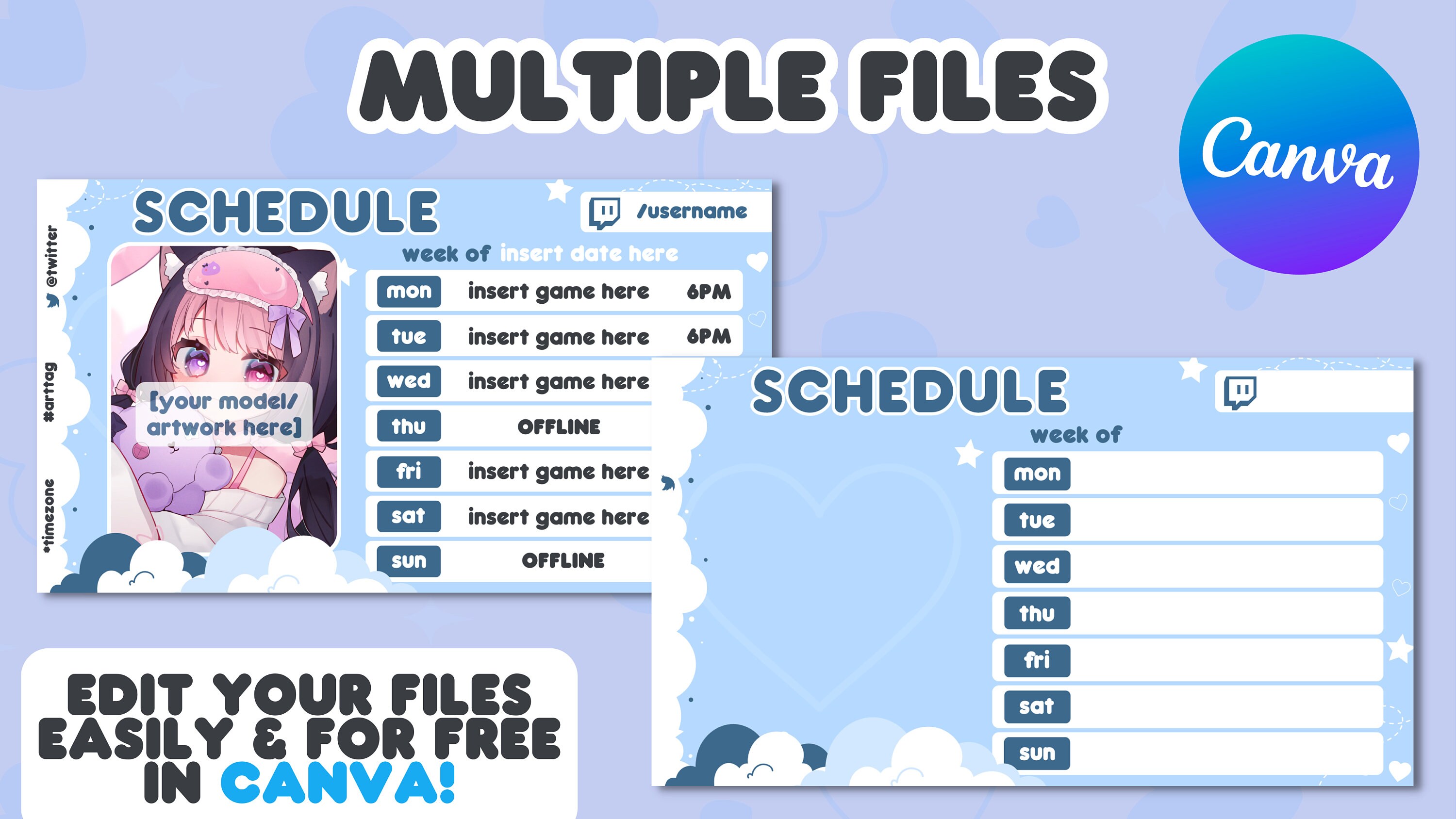 Blue Cute Cloudy Stream Schedule Template | Kawaii Pastel Blue Twitch Streamer Vtuber Weekly ...
