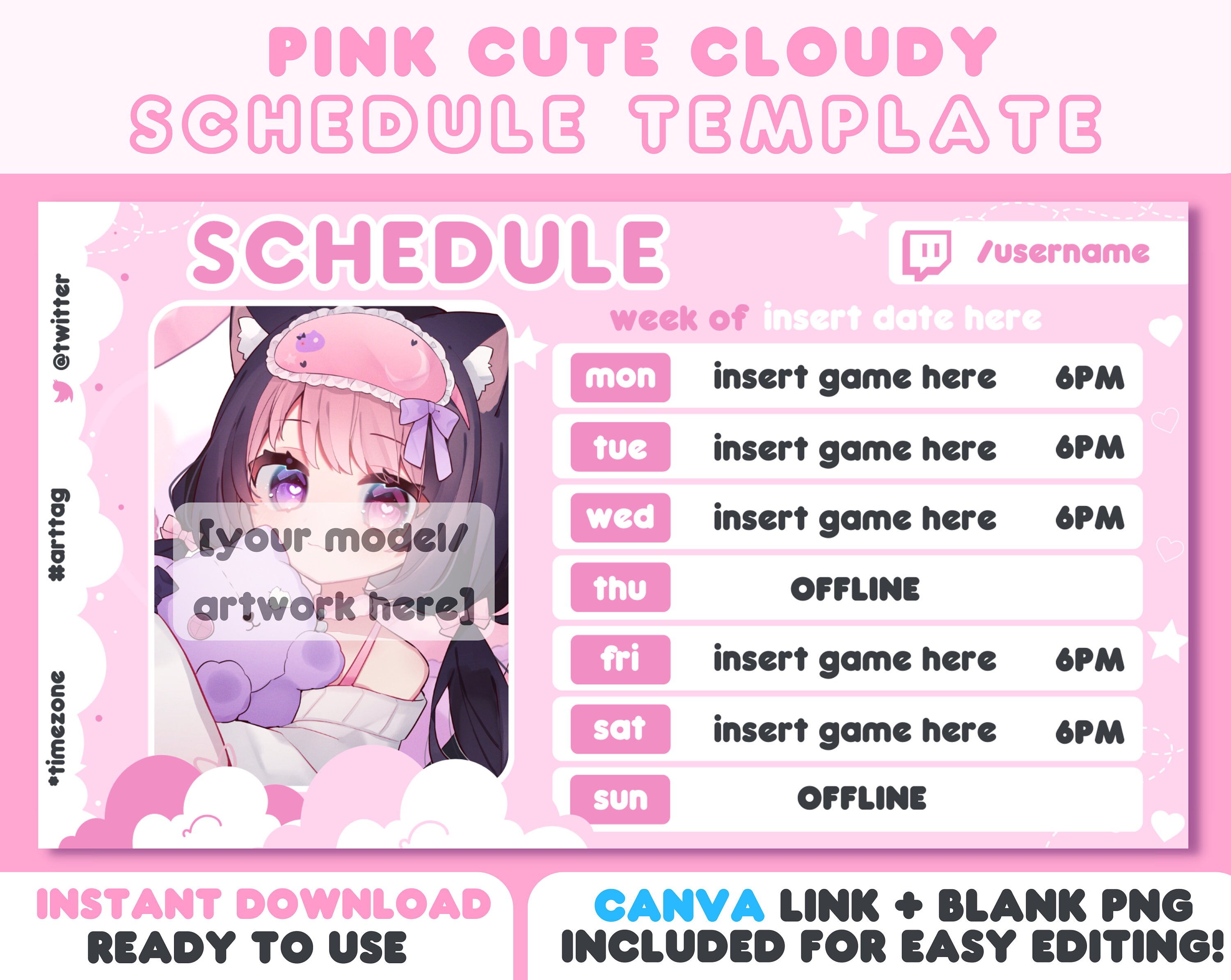 Pink Cute Cloudy Stream Schedule Template | Kawaii Pastel Pink Twitch ...