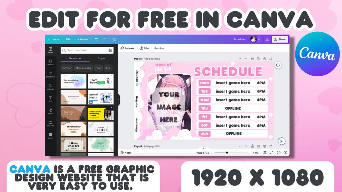 Pink Cute Cloudy Stream Schedule Template | Kawaii Pastel Pink Twitch Streamer Vtuber Weekly ...