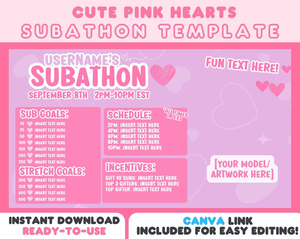Pink Cute Hearts Subathon Template | Kawaii Pastel Pink Twitch Streamer ...
