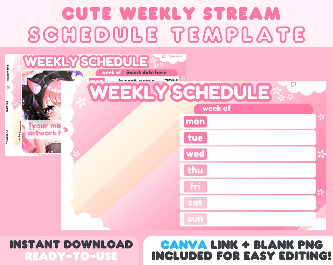 Cute Pink Themed Stream Schedule Template | Kawaii Pastel Yellow Twitch ...