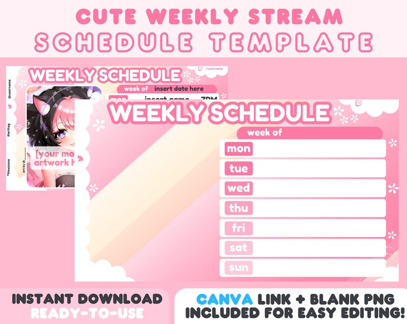 Cute Pink Themed Stream Schedule Template | Kawaii Pastel Yellow Twitch ...