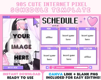 Cute Pink Themed Stream Schedule Template | Kawaii Pastel Yellow Twitch ...