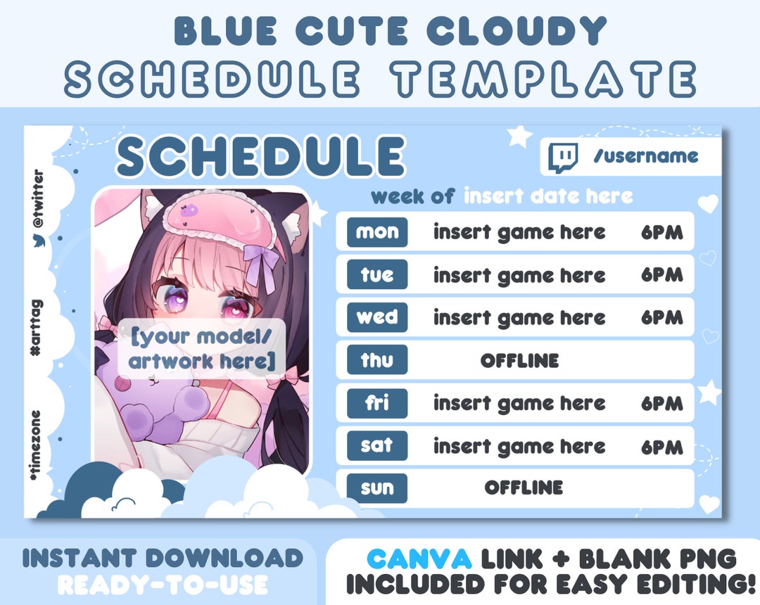 Blue Cute Cloudy Stream Schedule Template | Kawaii Pastel Blue Twitch Streamer Vtuber Weekly ...