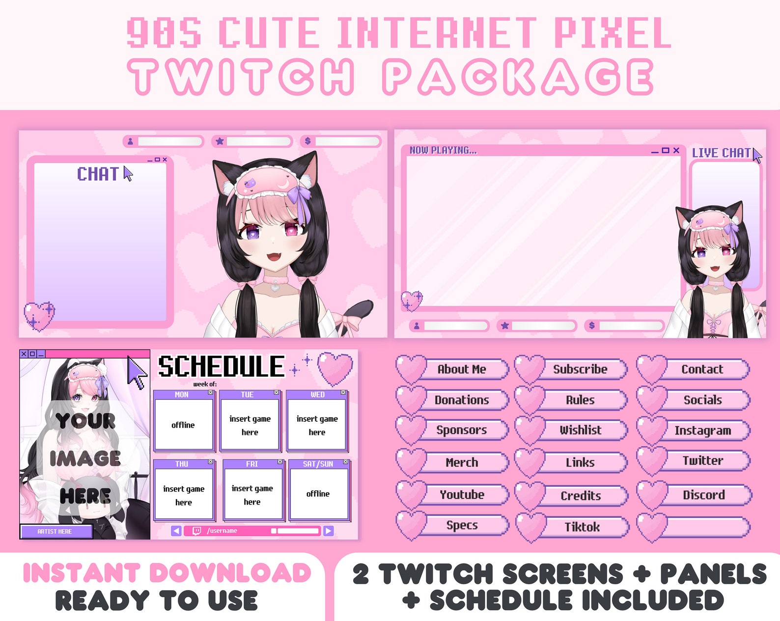 BUNDLE | Pink 90s Internet Cute Pixel Twitch Overlays + Panels + Stream ...