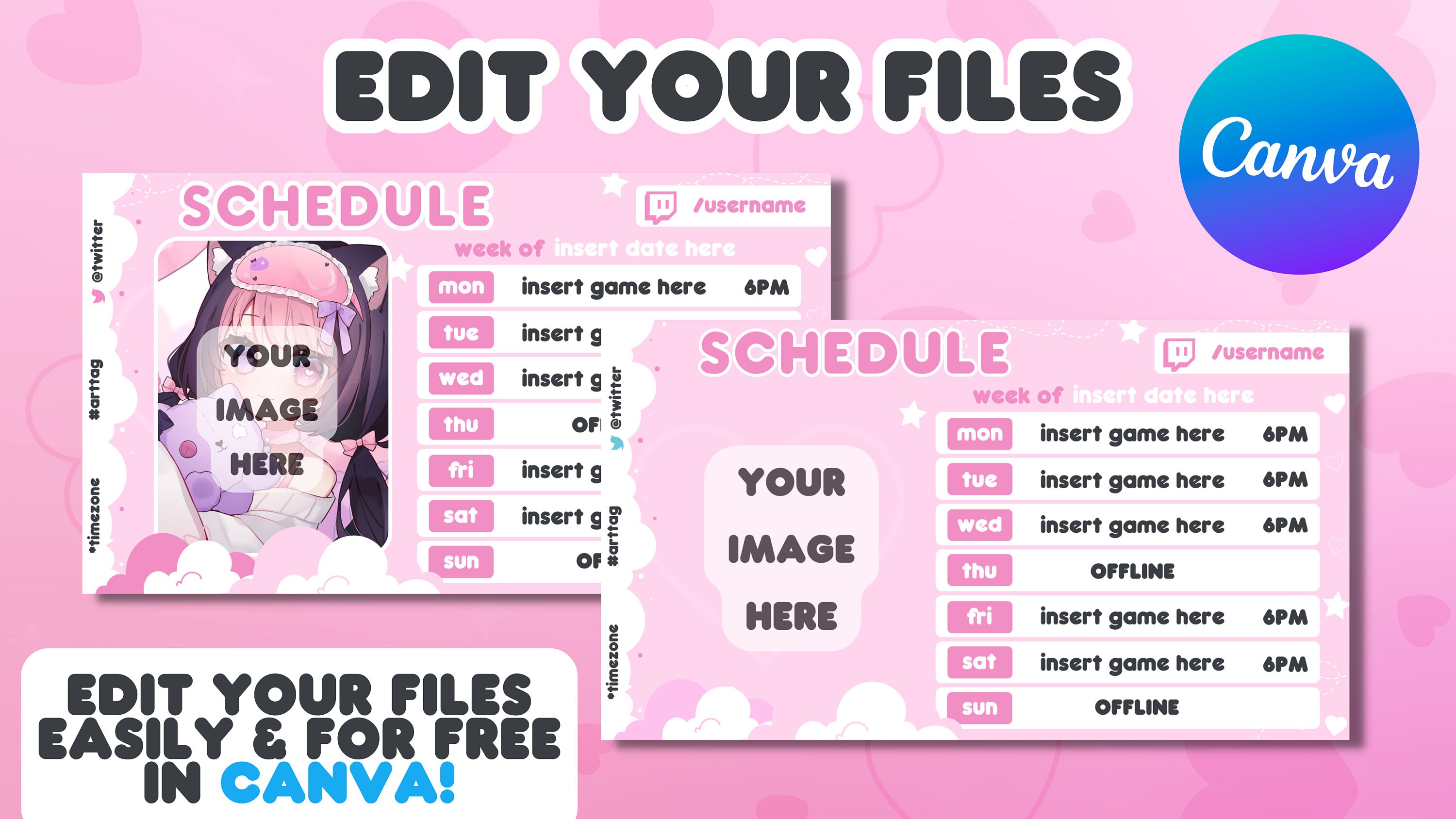 Pink Cute Cloudy Stream Schedule Template | Kawaii Pastel Pink Twitch ...