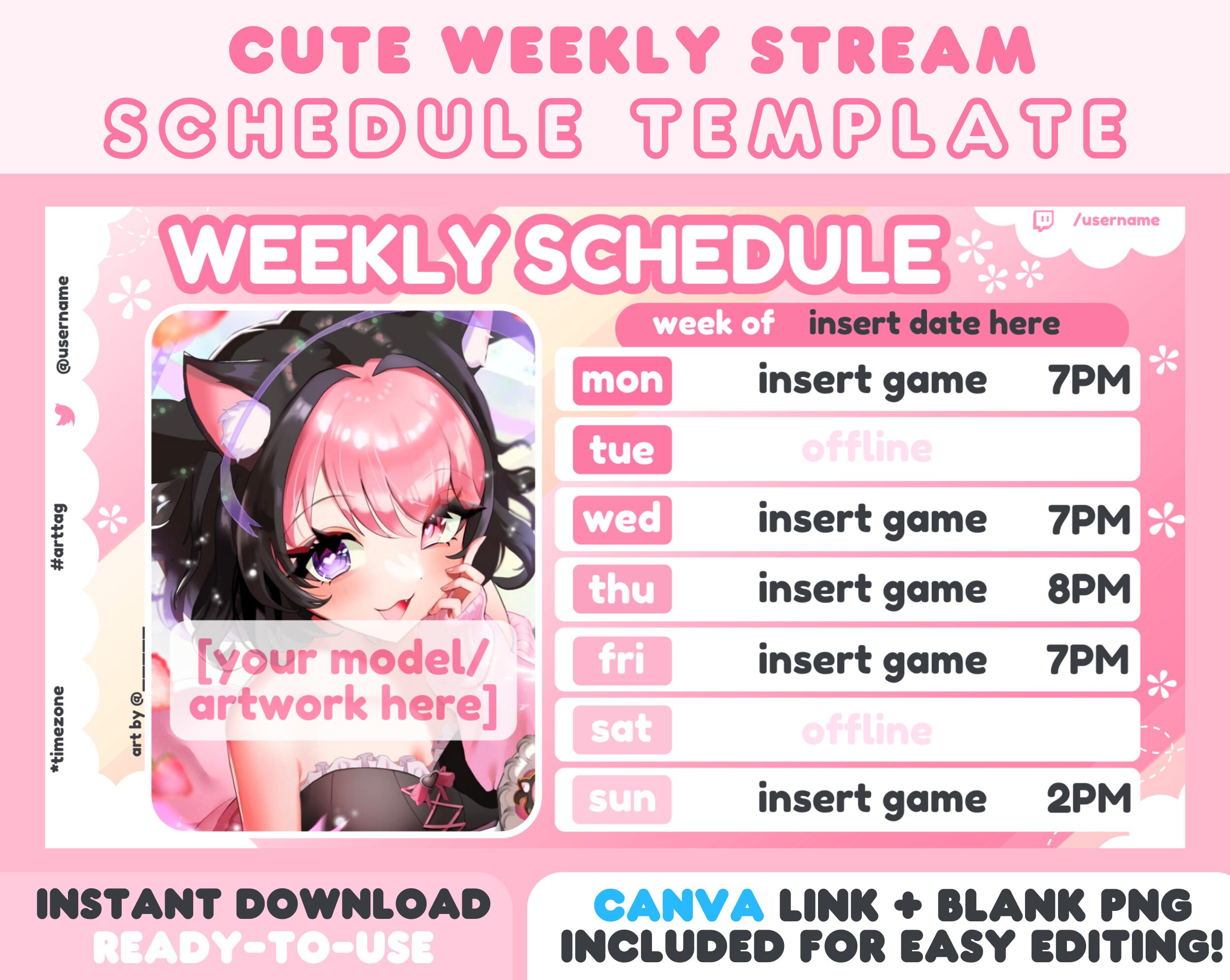 Cute Pink Themed Stream Schedule Template | Kawaii Pastel Yellow Twitch ...