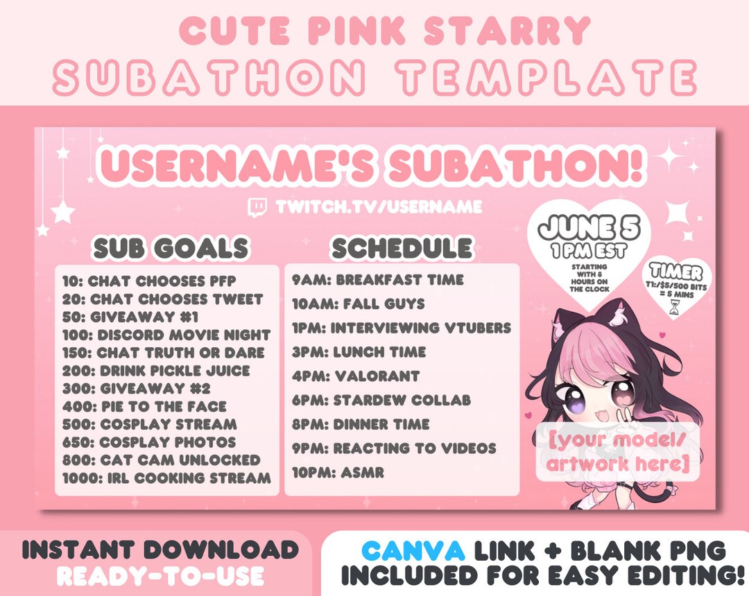 Pink Cute Starry Subathon Template | Kawaii Pastel Pink Twitch Streamer ...