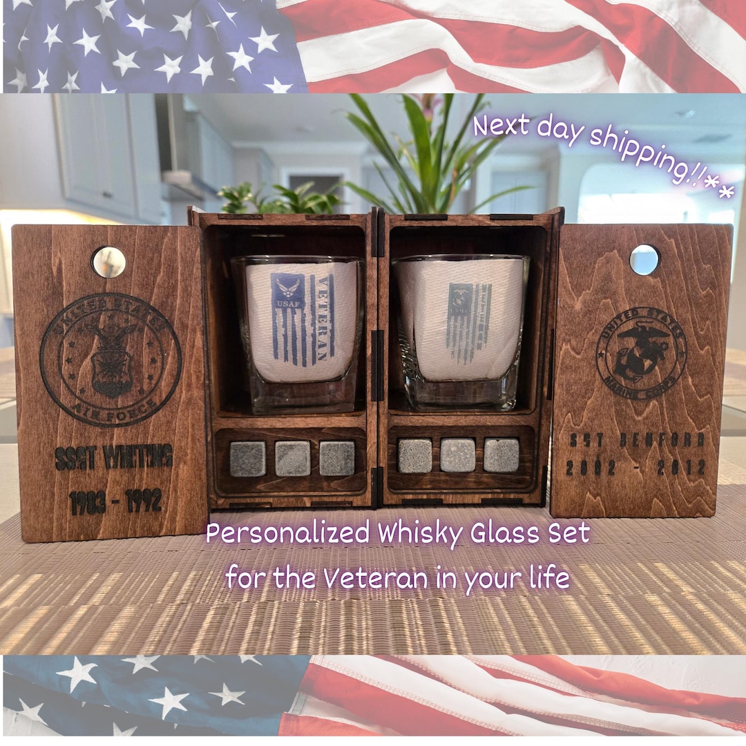 Personalized Military Veteran Whisky Glass Set With Stones & Premium ...