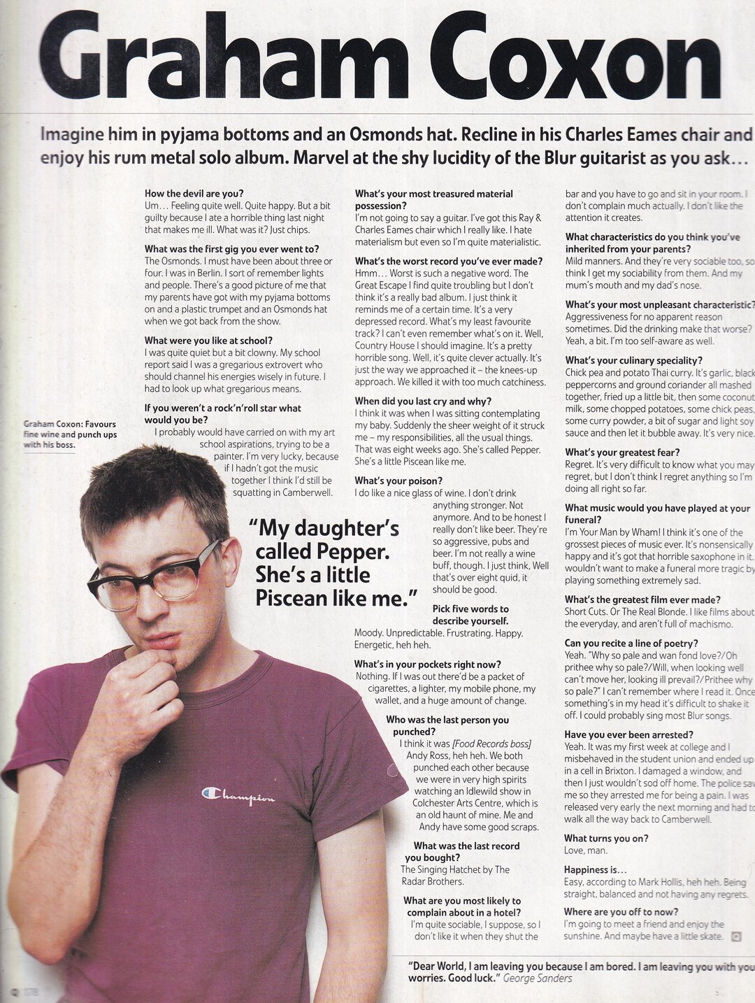 Original Vintage Mini Poster / Magazine Clipping - Graham Coxon (blur ...