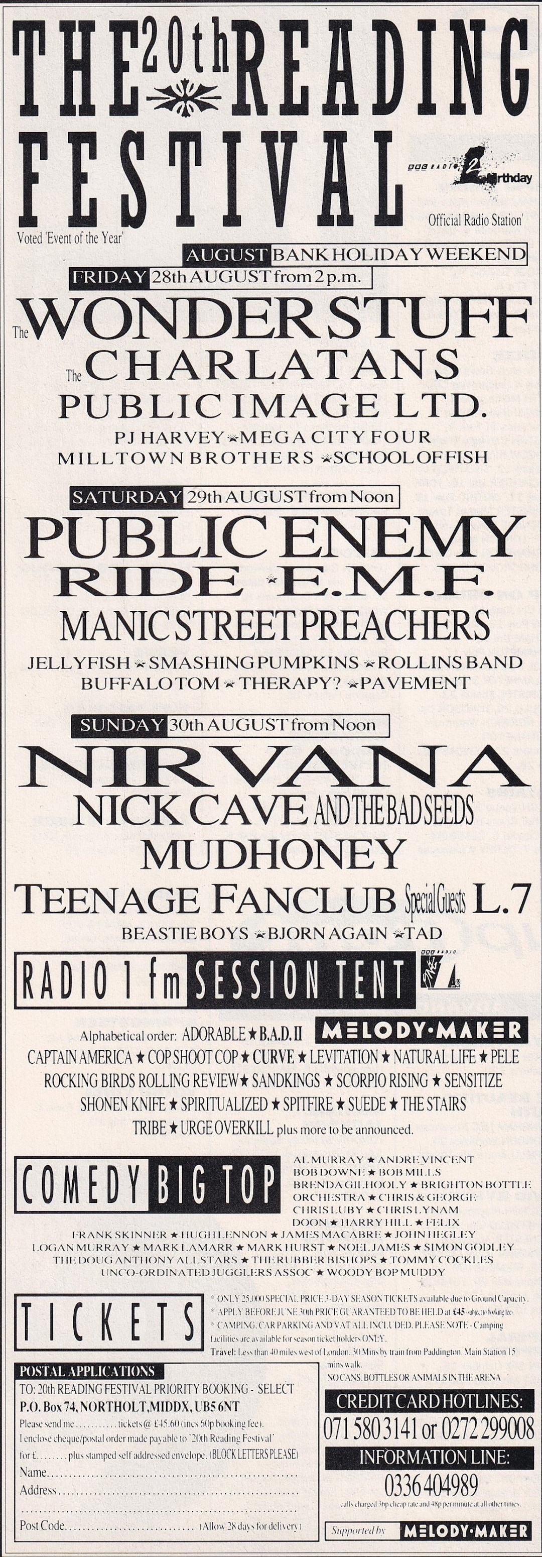 Vintage Reading Festival Mini Poster (1992): Nirvana, Mudhoney, Nick ...