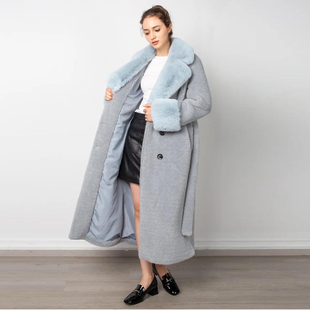 Teddy Long Coat Grey Fluffy Winter Coat Plush Teddy Fabric Faux Fur ...