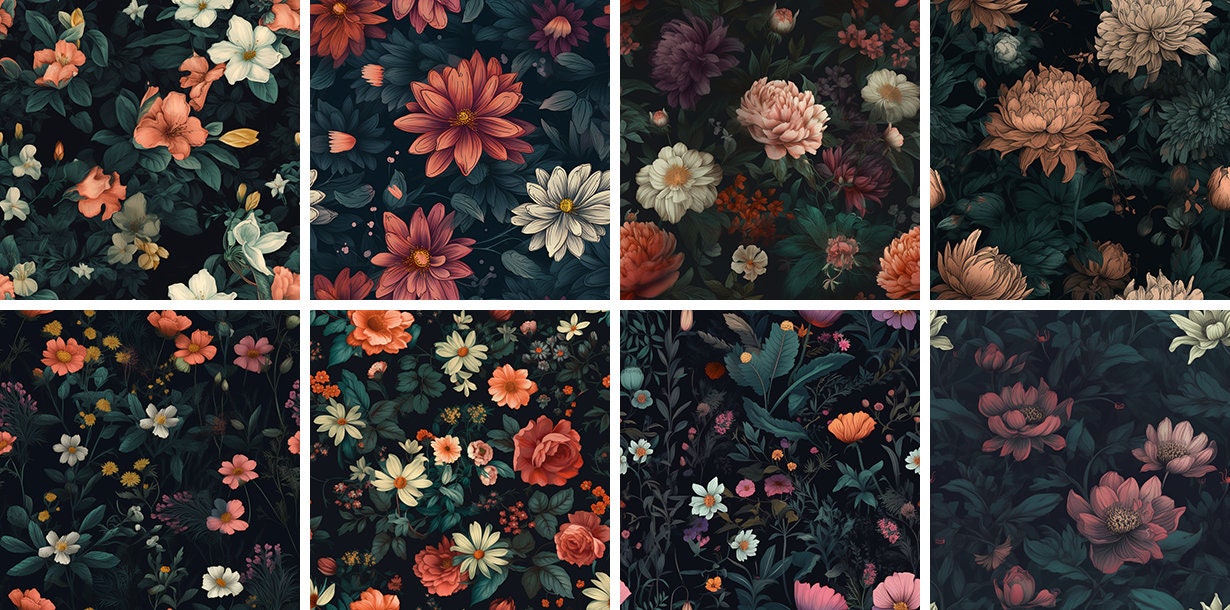 Dark Flowers | Digital Paper Set | Seamless Textures | Patterns ...