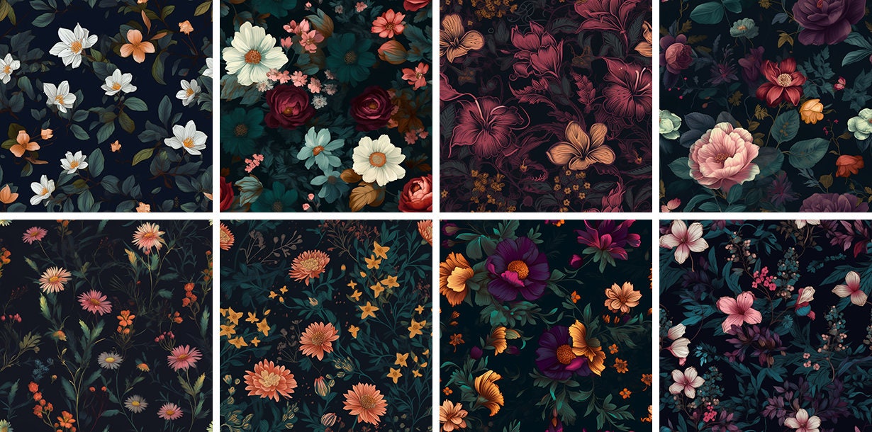 Dark Flowers | Digital Paper Set | Seamless Textures | Patterns ...