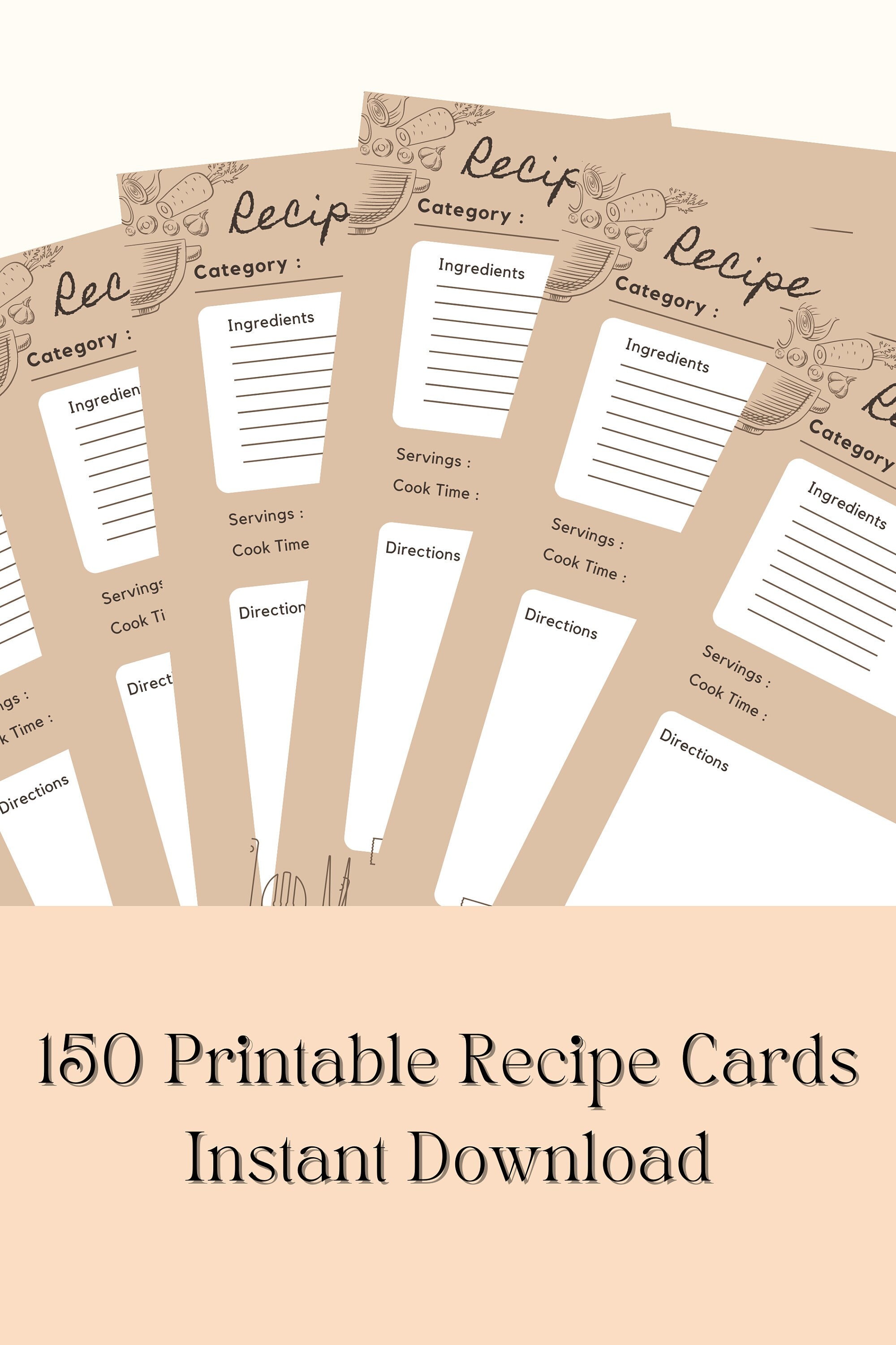 Printable Recipe Cards Digital Download 4in X 6in Brown & White 150 - Etsy