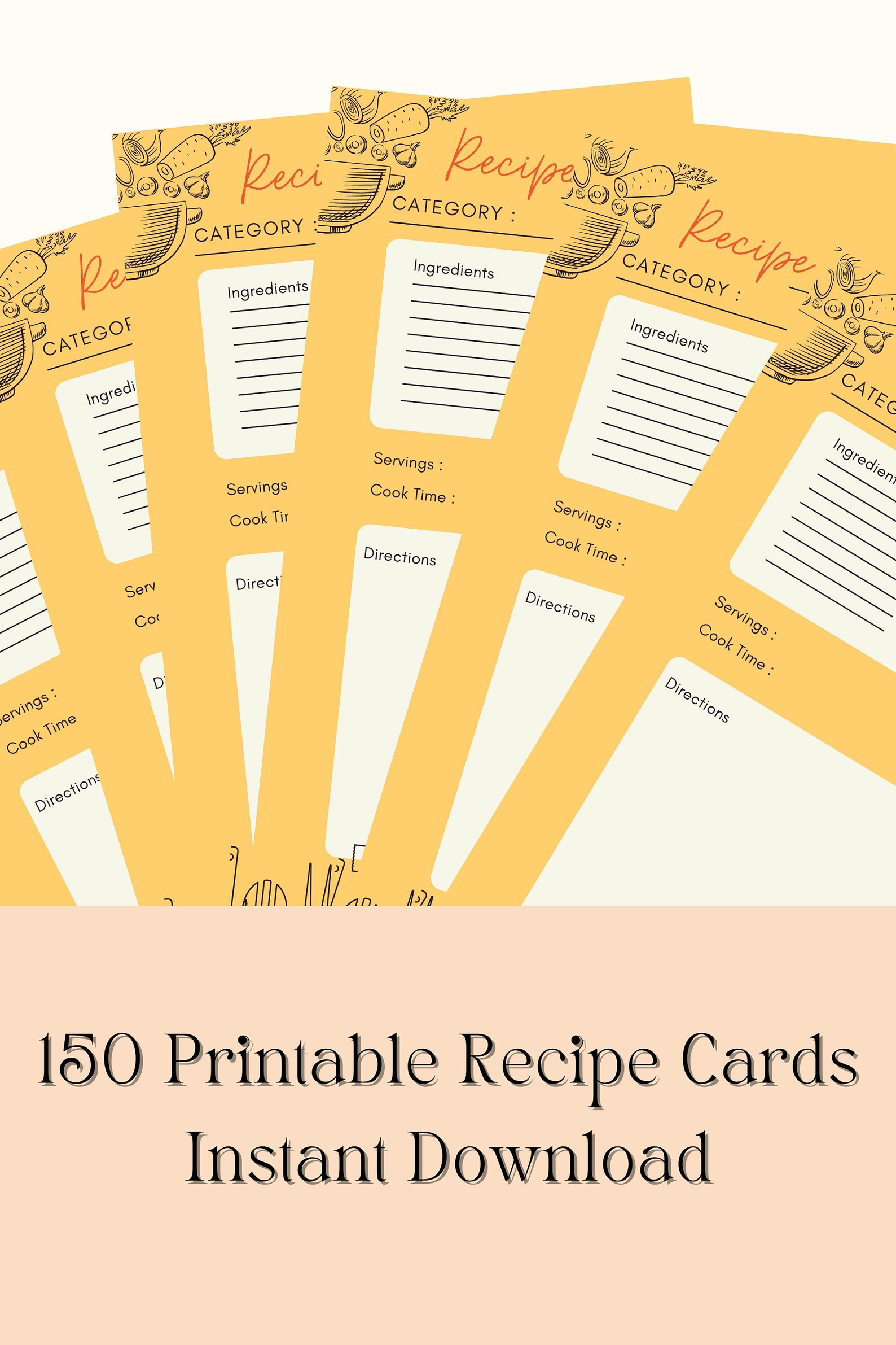 Printable Recipe Cards Digital Download 4in X 6in Yellow 150 - Etsy