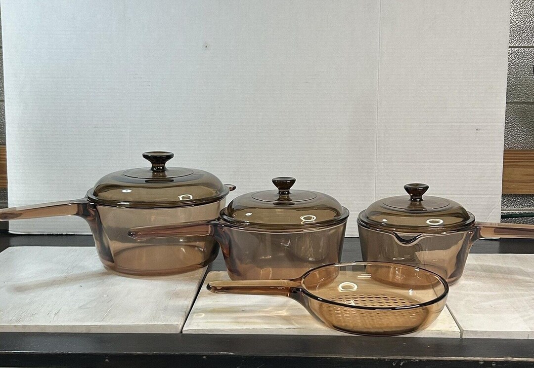 Vintage MCM Lot of 4 Corningware Pyrex Vision Ware Amber Cookware Glass ...