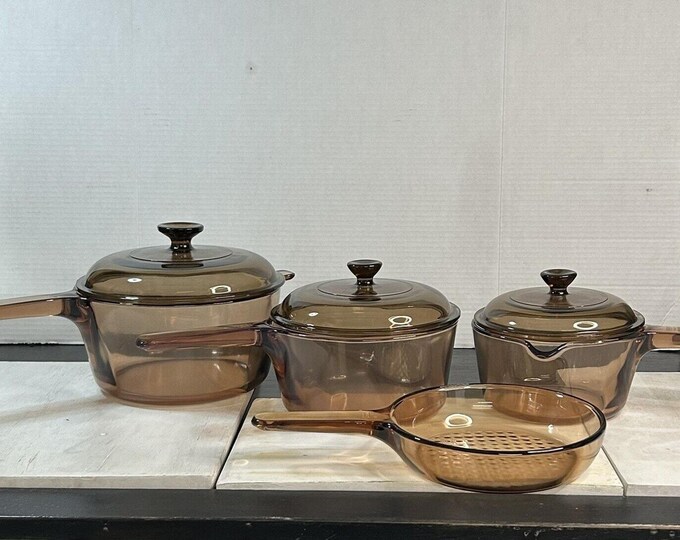 Vintage MCM Lot of 4 Corningware Pyrex Vision Ware Amber Cookware Glass ...