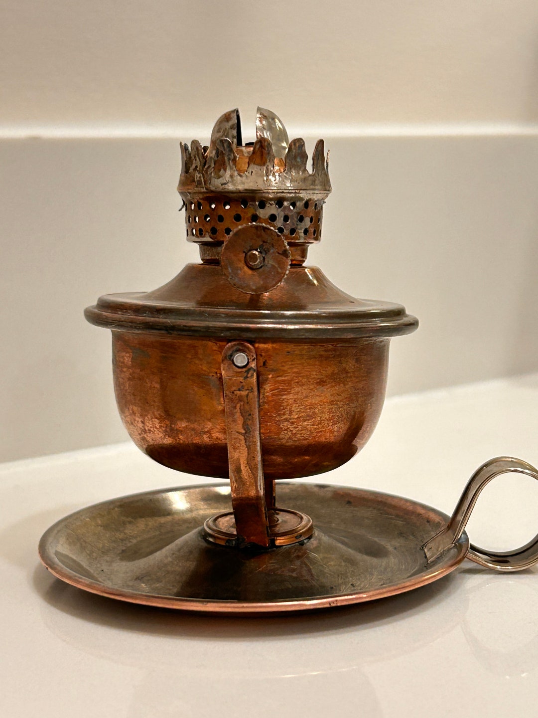 Vintage Stellar Small Finger Oil Lamp Copper Burner & Font Tilting Base ...