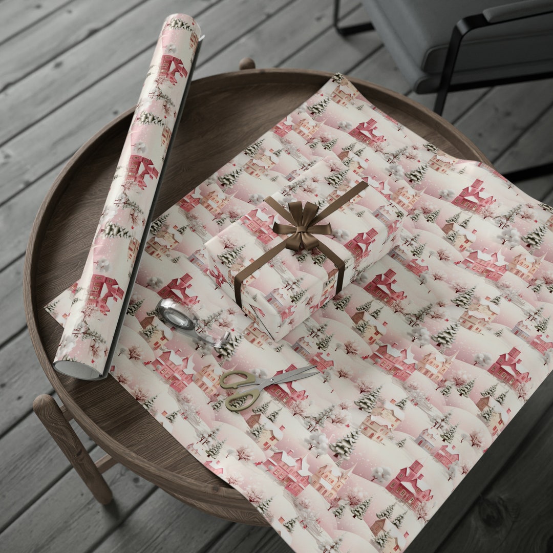 Pink Christmas Wrapping Paper, Christmas Village Wrapping Paper ...