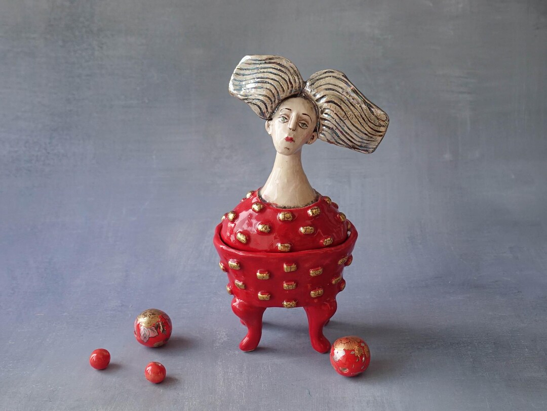 Red Ceramic Sculpture Lady.pottery Figurines.box in Handmade. Ceramic ...