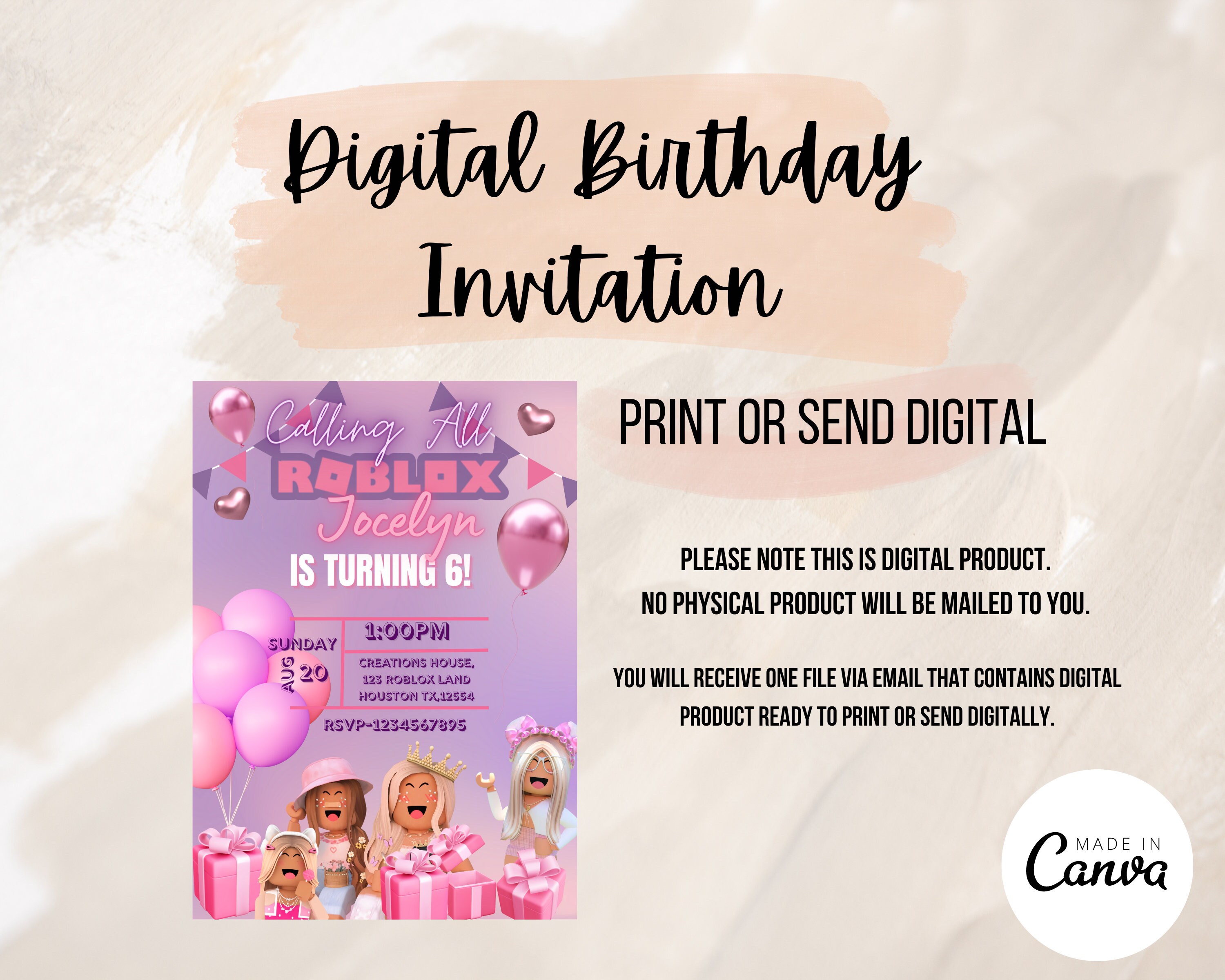 Roblox Birthday Invitation,kids Invitation, Roblox Girls Birthday ...