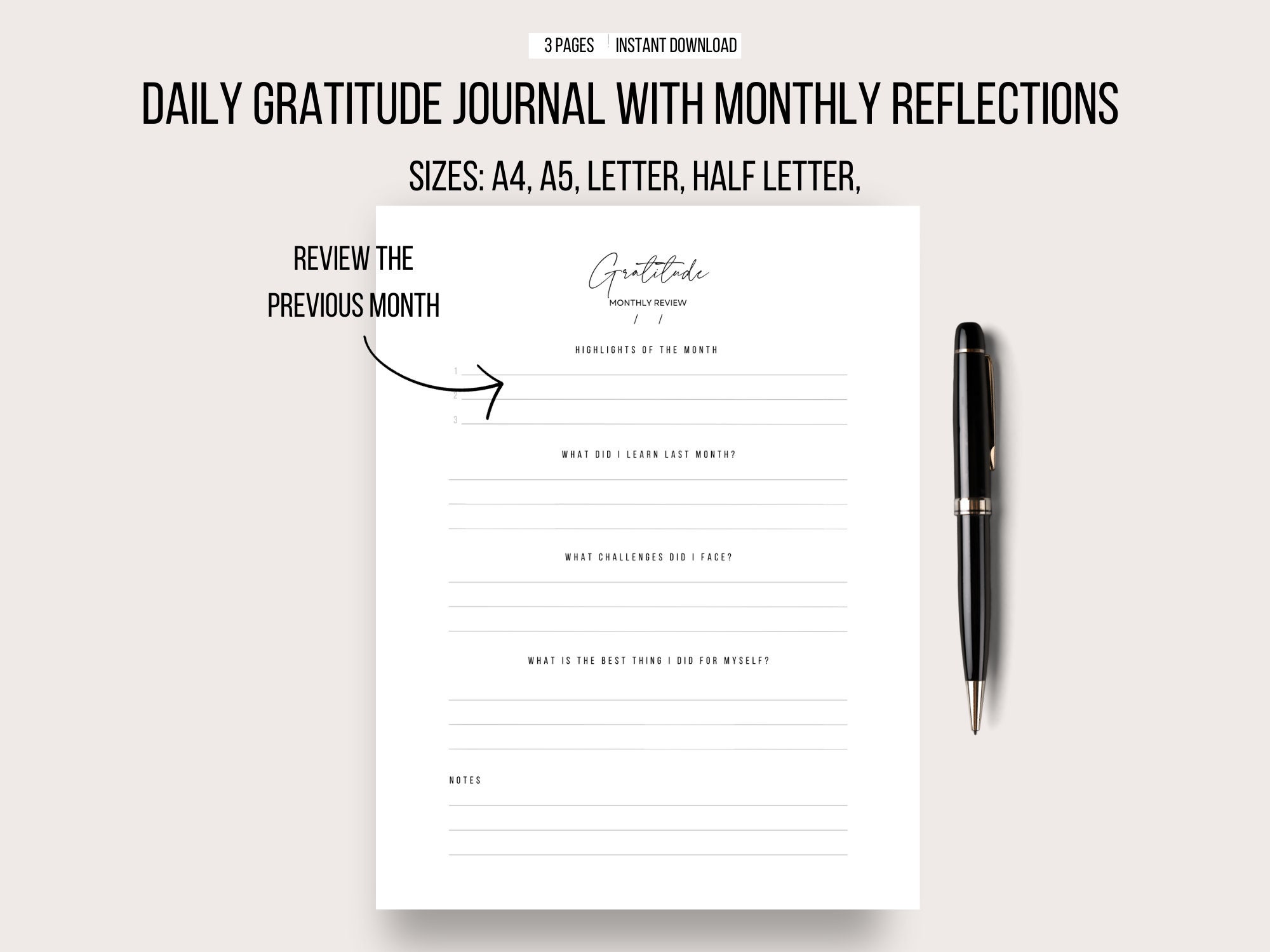 Daily Gratitude Journal Printable, Daily Mindfulness Pages, Gratitude ...