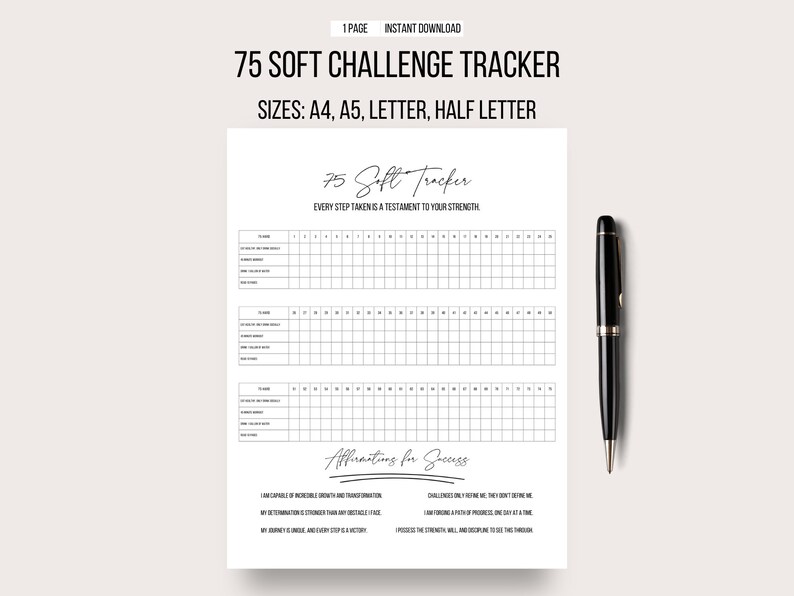 75 Soft Challenge Tracker Printable, Daily Progress Journal, Fitness ...
