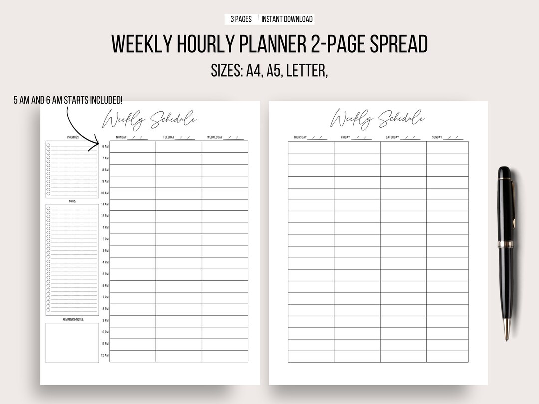 Weekly Hourly Planner Printable, 2 Page Weekly Planner, Planner Pages ...