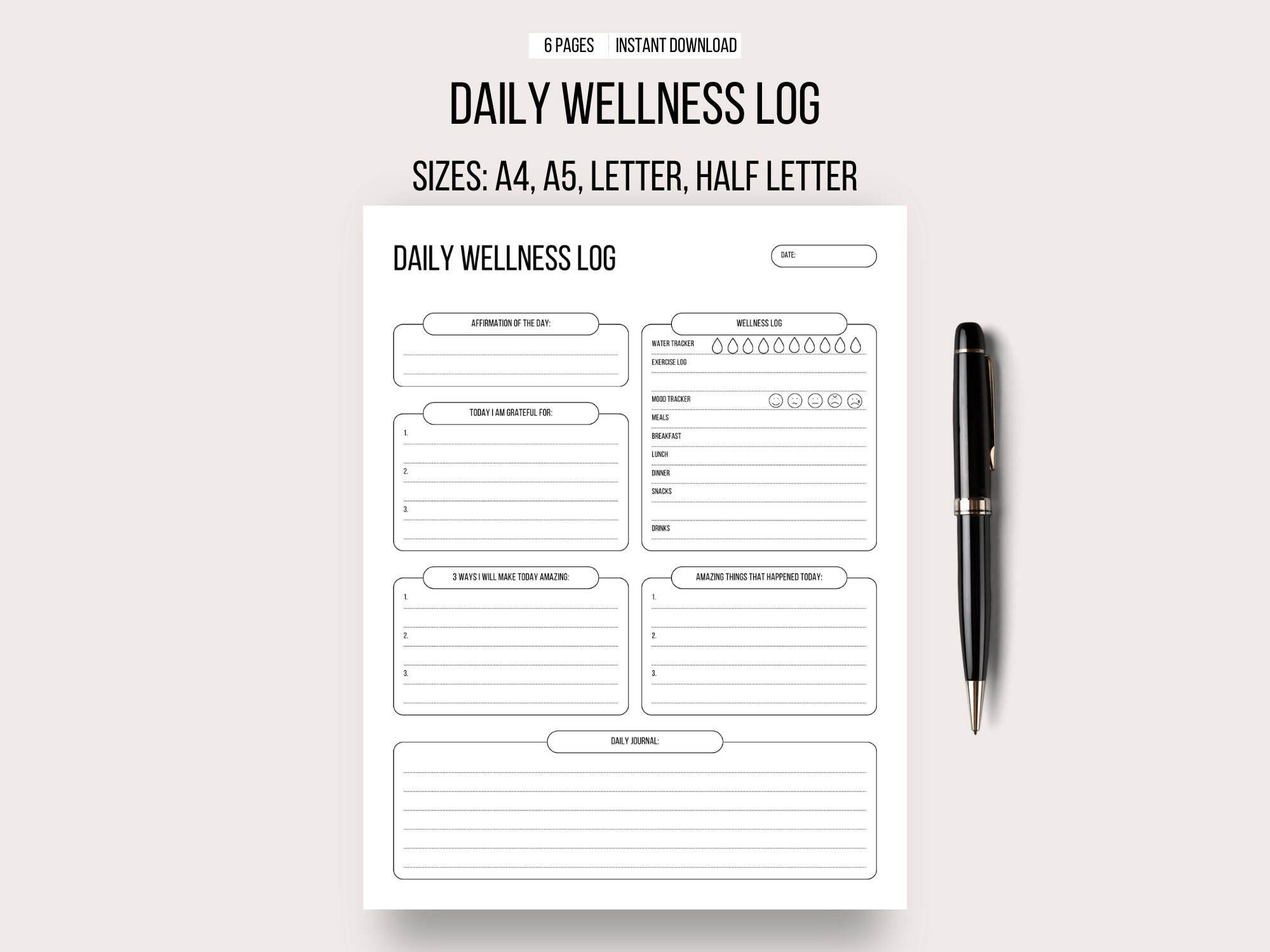 Daily Wellness Log, Printable Health Journal, Mind & Body Tracking ...