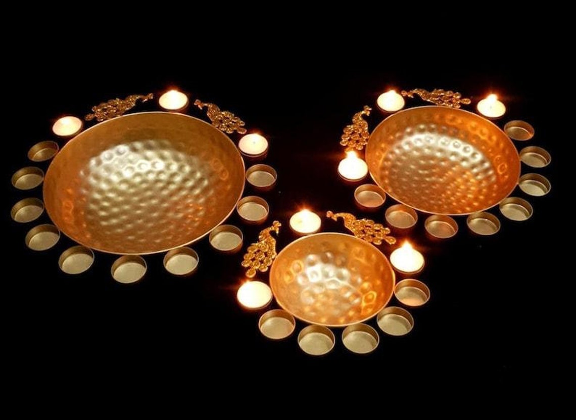 Peacock Urli Bowl Set, Handmade Floating Flowers Tea Light Candle ...