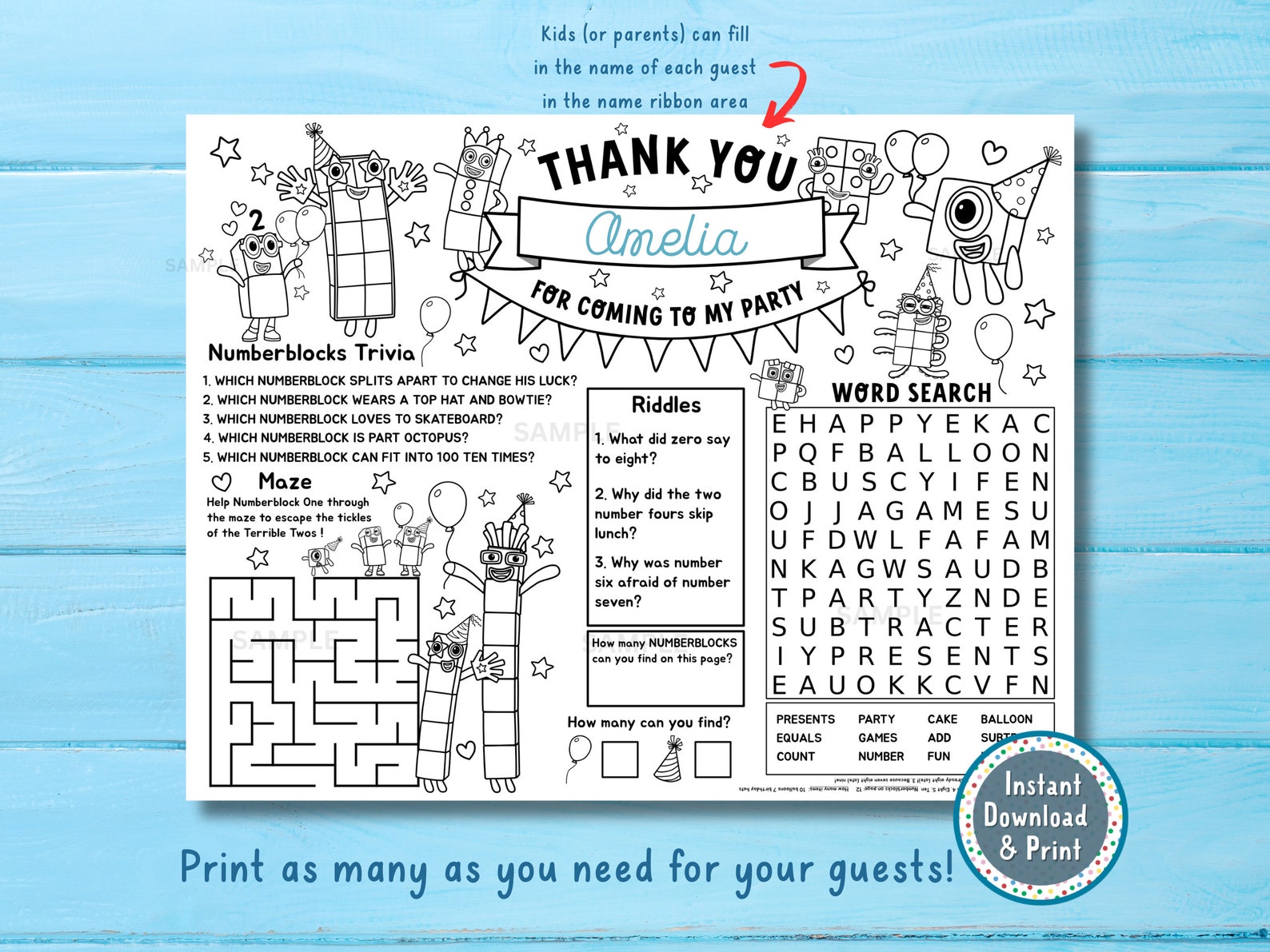 Numberblocks Thank You Activity Page: Printable Party Favor (instant ...