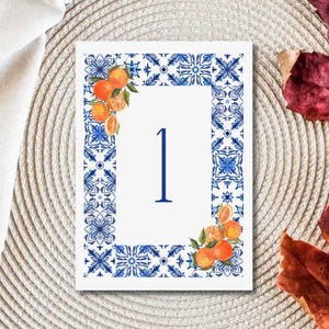 Mediterranean Wedding Table Card Numbers – Italian Blue Tile Table ...