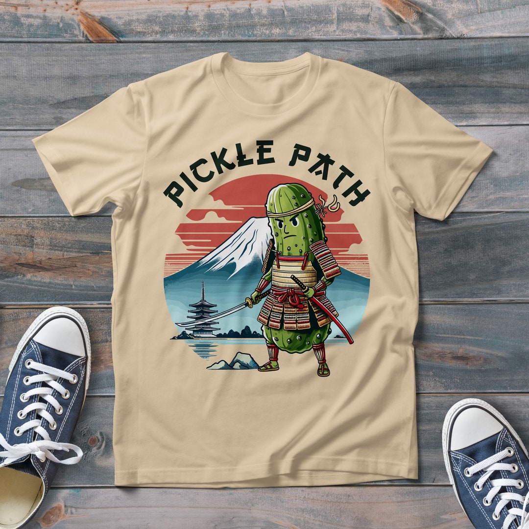 Pickle Samurai and Mount Fuji Pickle Path Japanese Retro Unisex T-shirt, Vintage Vibe Tee ...