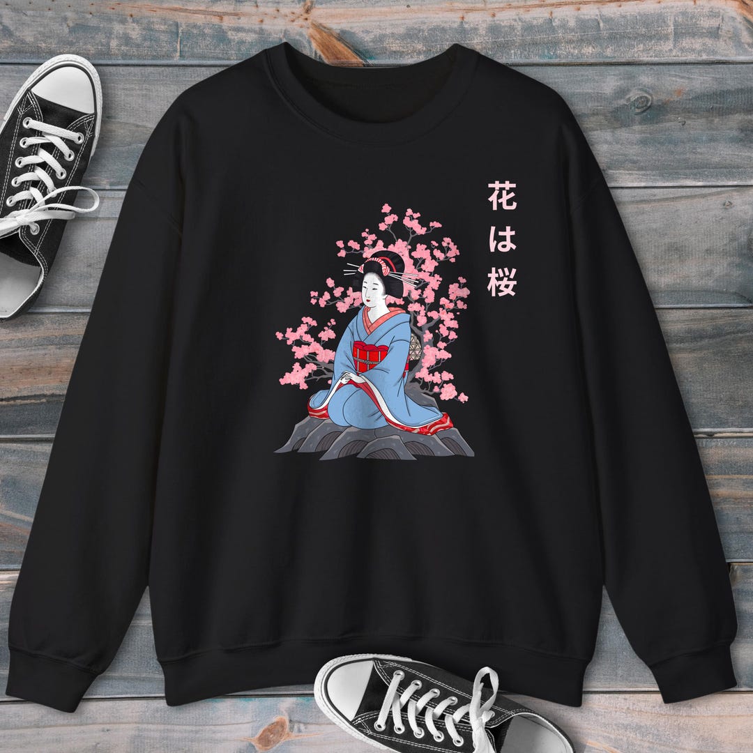 Cherry Blossom Sweatshirt, Sakura Flower Retro Art Hoodie, Girl in Blue ...