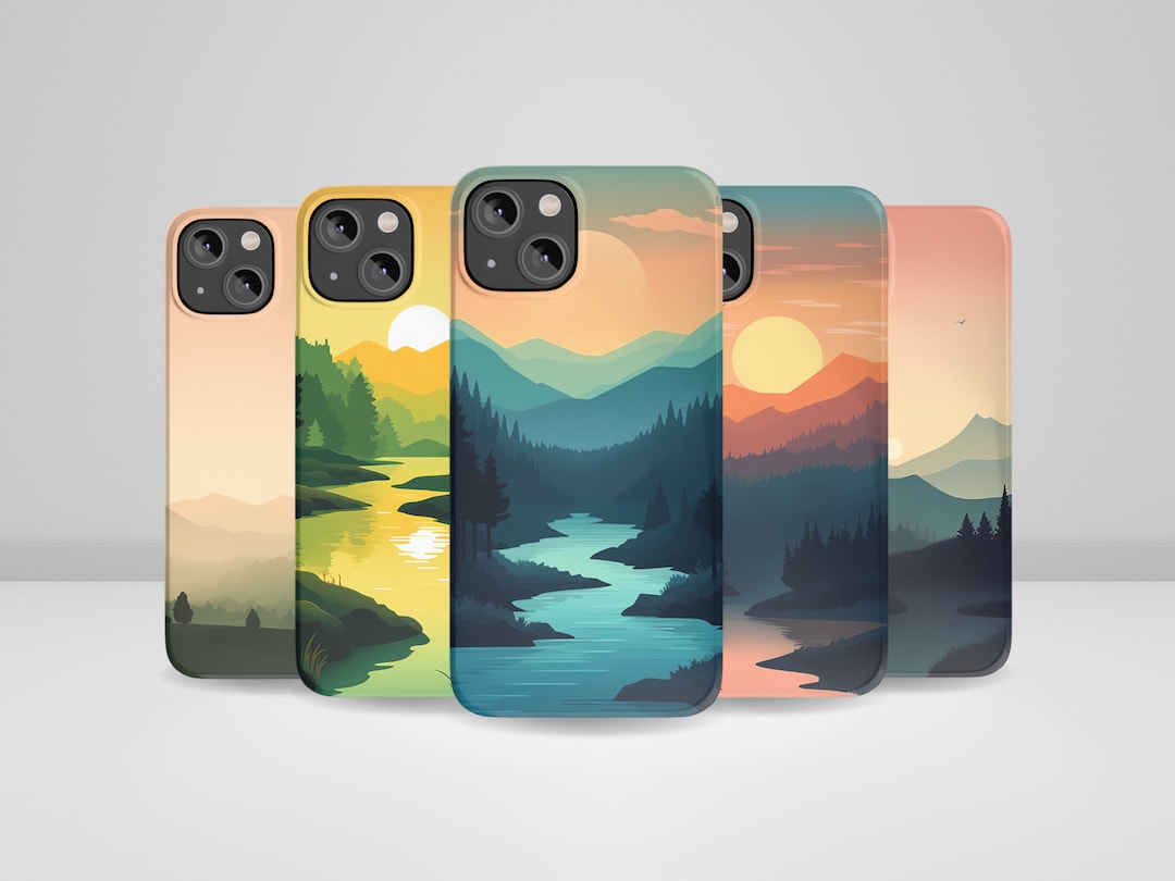 Minimalist Nature Phone Case, Vector Art With Landscapes, Lakes ...