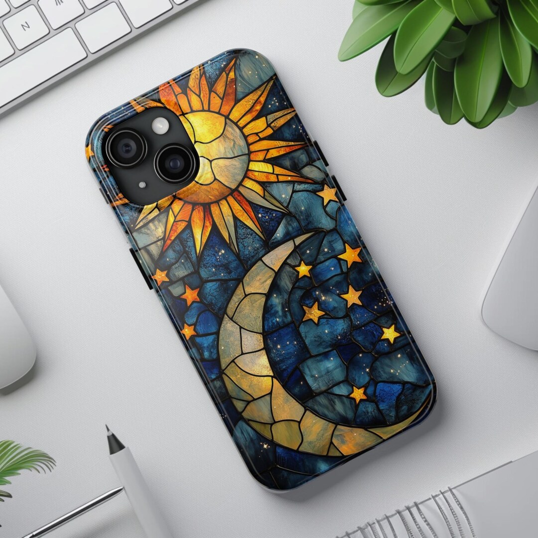 Celestial Stained Glass Moon and Stars Phone Case | Faux Stain Glass ...