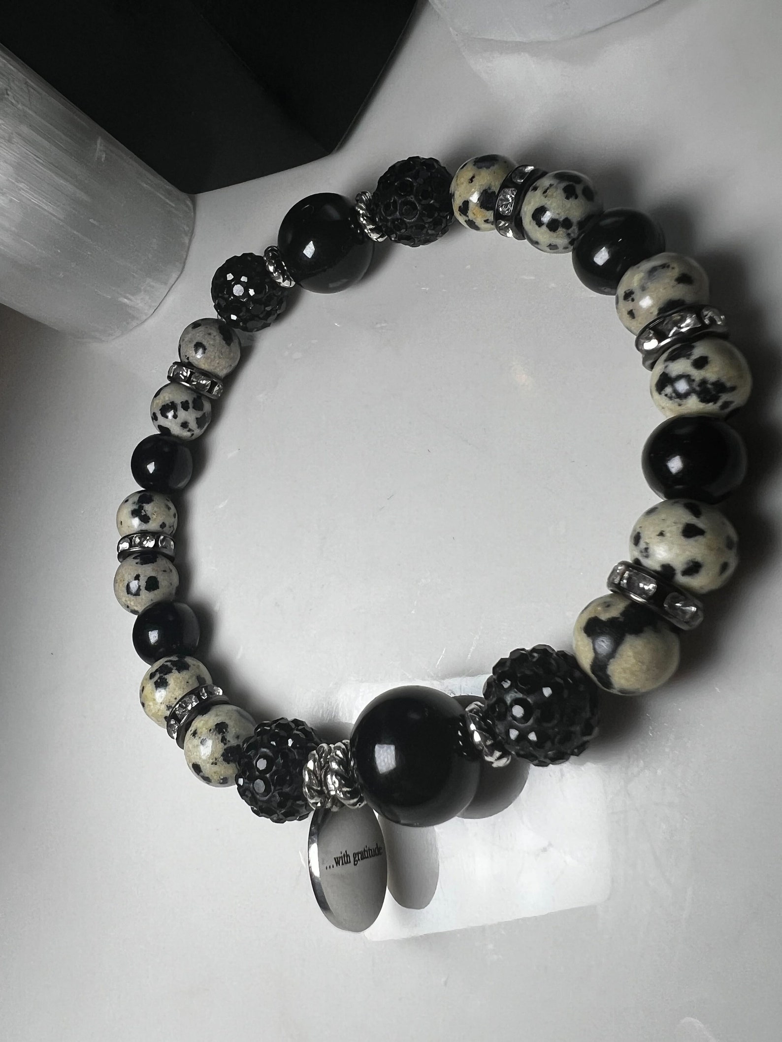 TRANSFORM: Elegant Obsidian and Dalmatian Jasper Crystal Bracelet ...