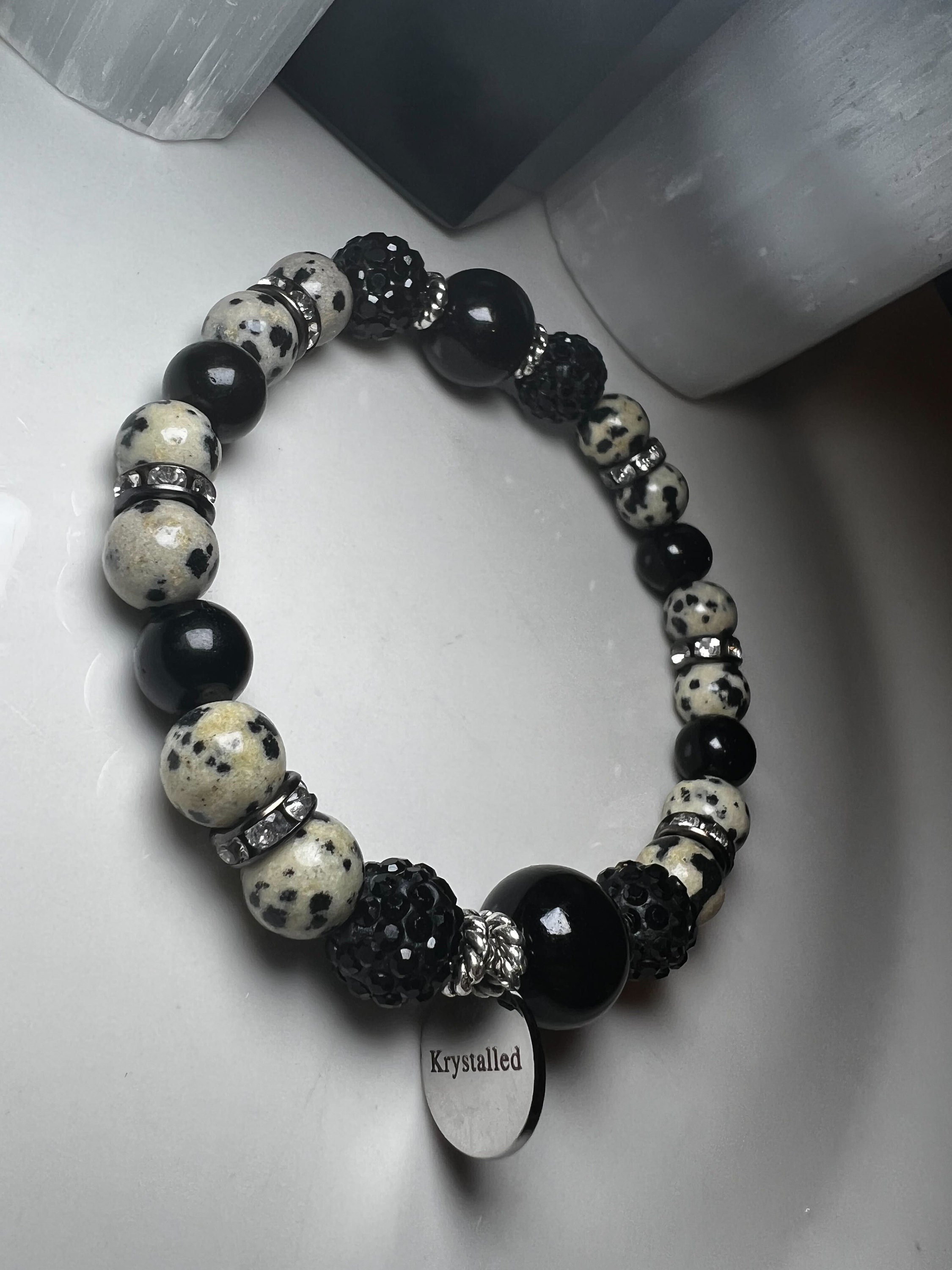 TRANSFORM: Elegant Obsidian and Dalmatian Jasper Crystal Bracelet ...