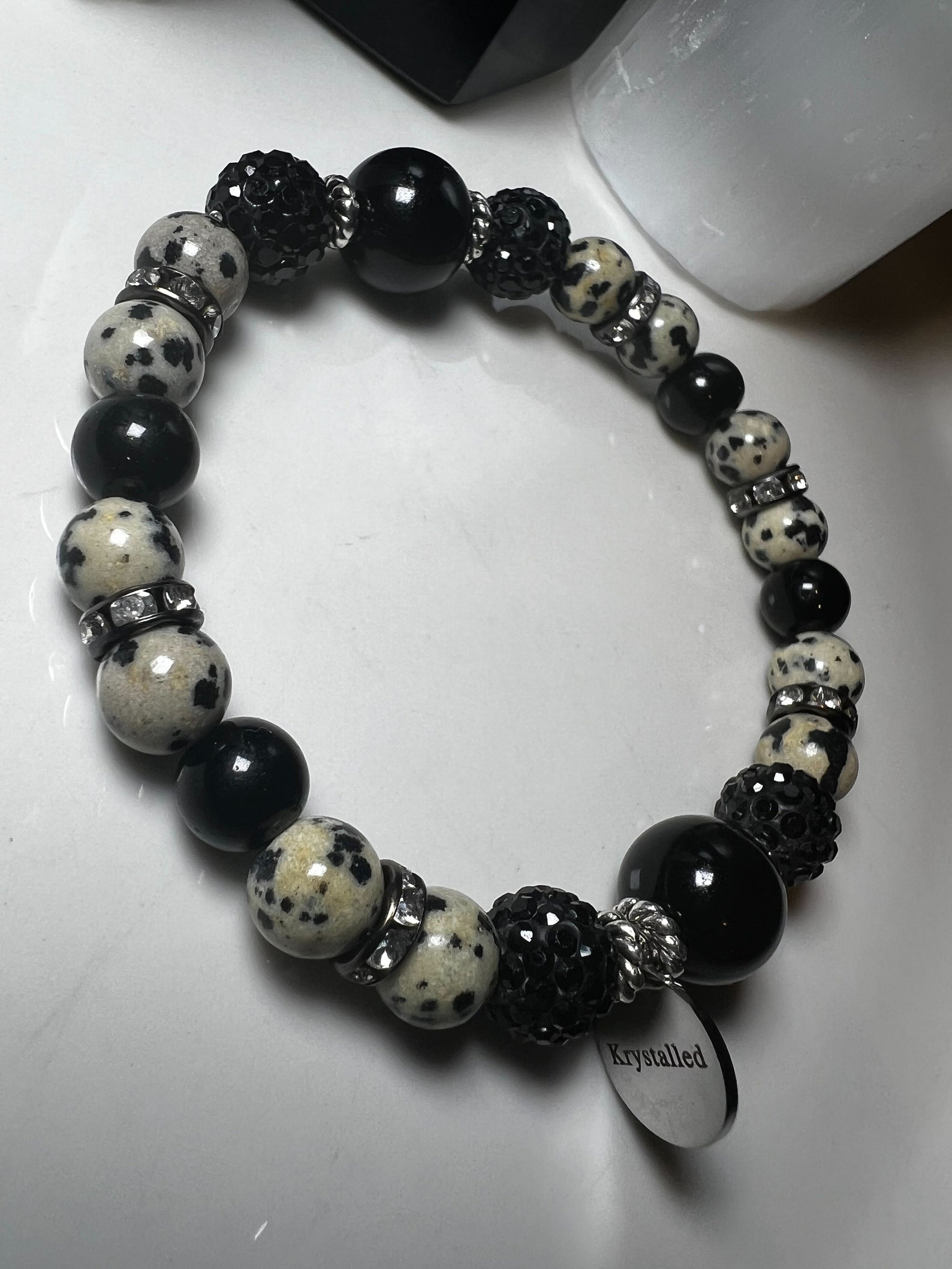 TRANSFORM: Elegant Obsidian and Dalmatian Jasper Crystal Bracelet ...