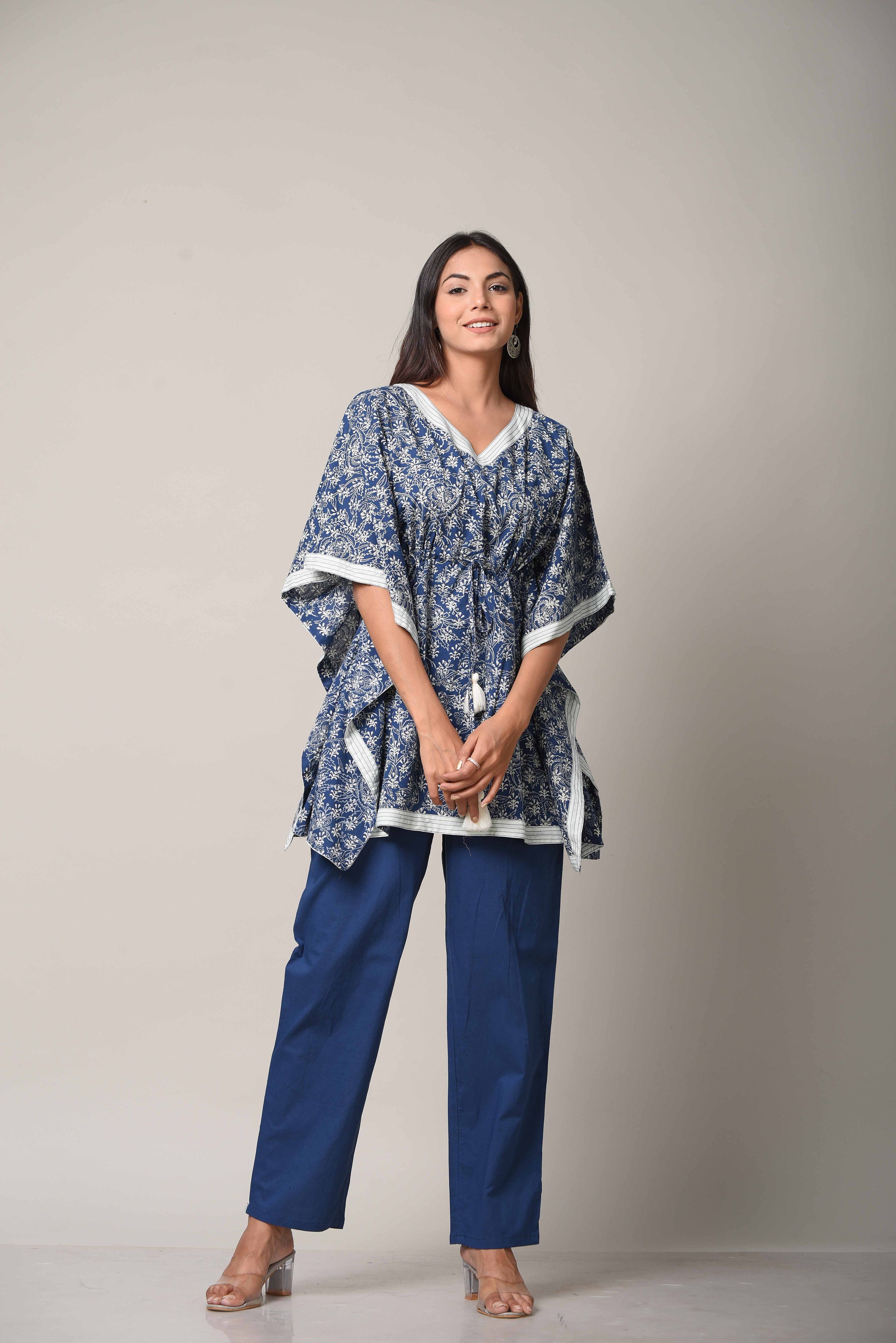 Soothing Short Kaftan Tunic, Flower Block Print Sleepwear Maxi Kimono ...