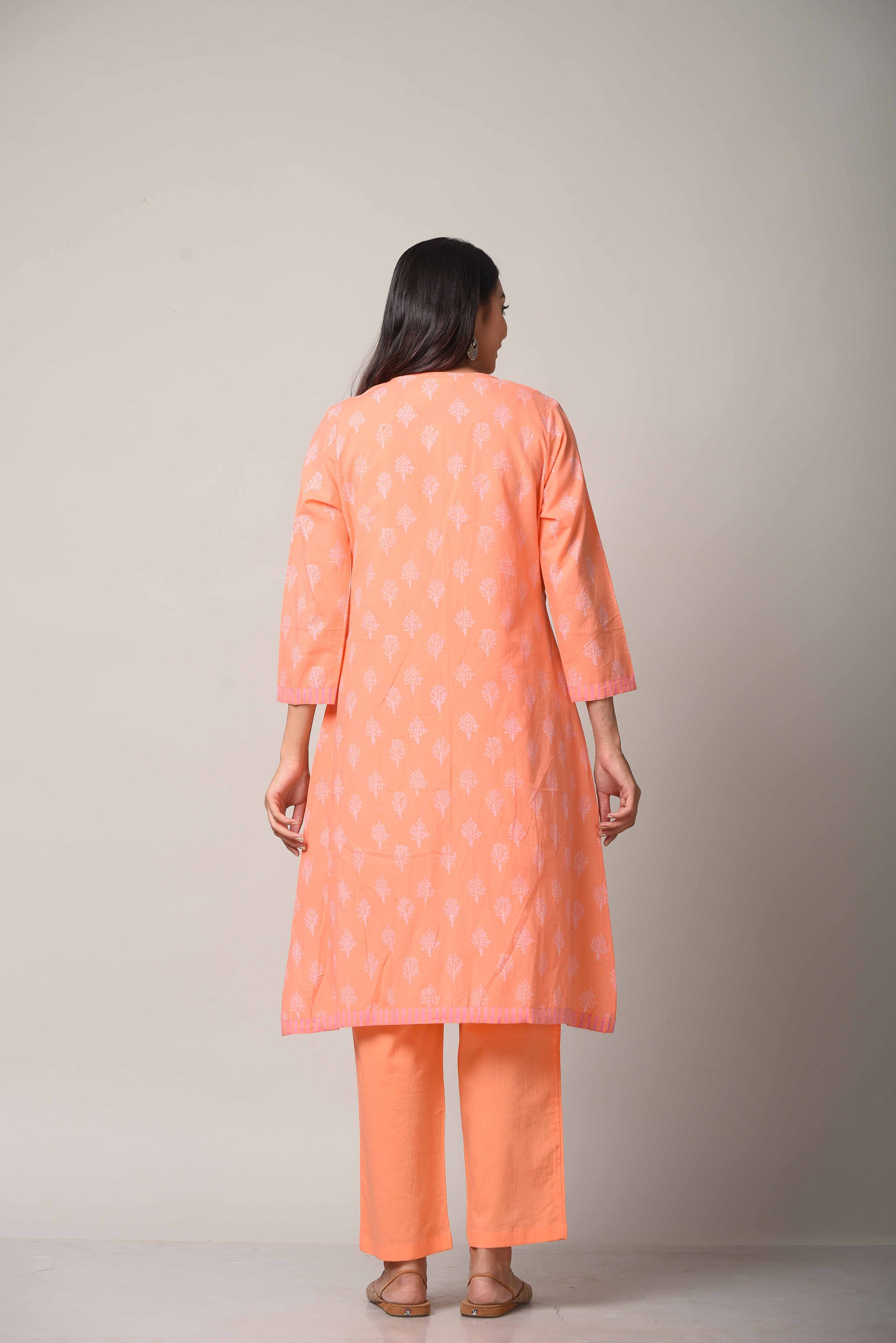 Designer Long Peach Sweet Set, Hand Block Printed Jacket With Pant, Indian Pakistani Dresses ...