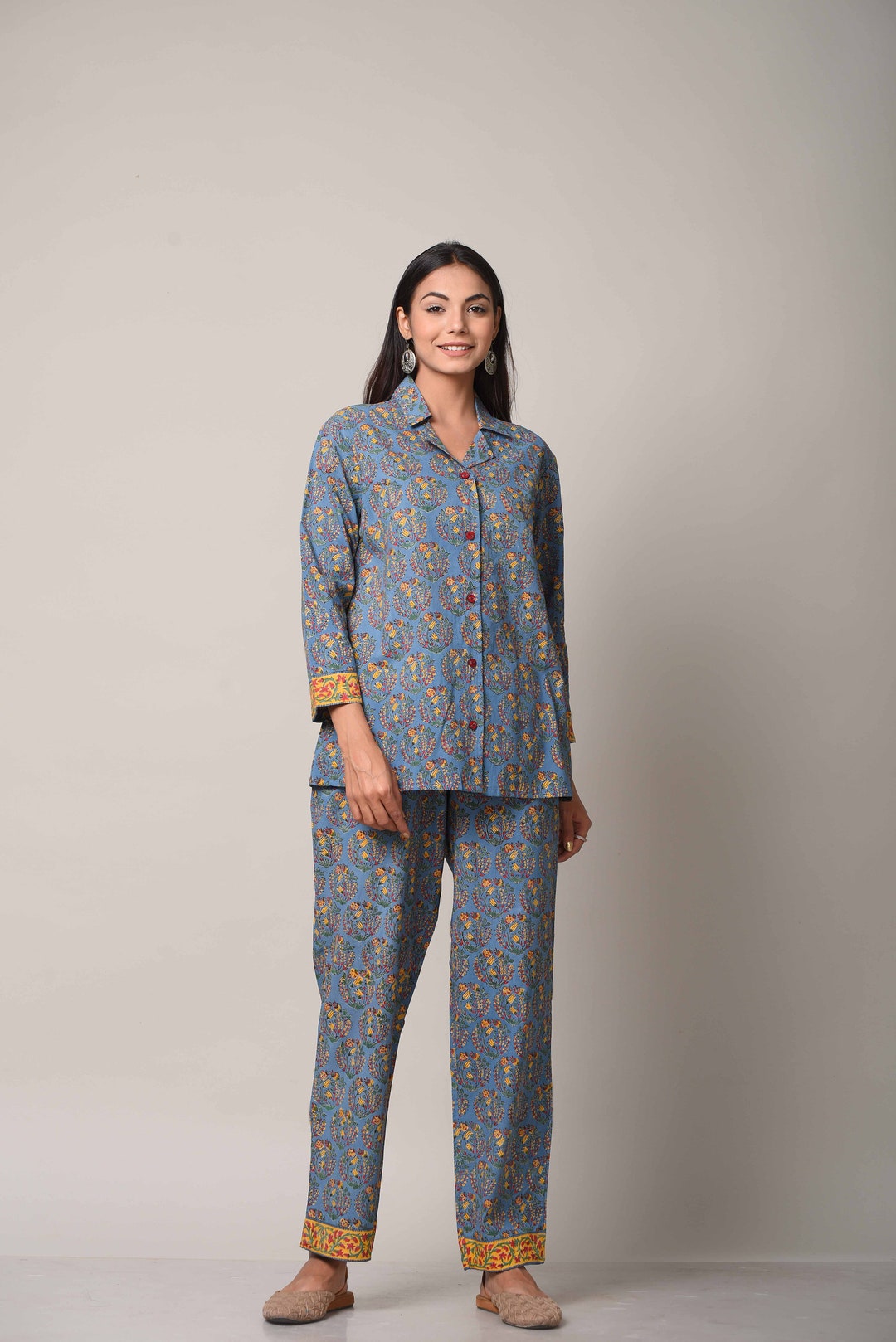 Night Suit Set, Yellow Floral Hand Block Printed Suit Set, Pruple Night ...