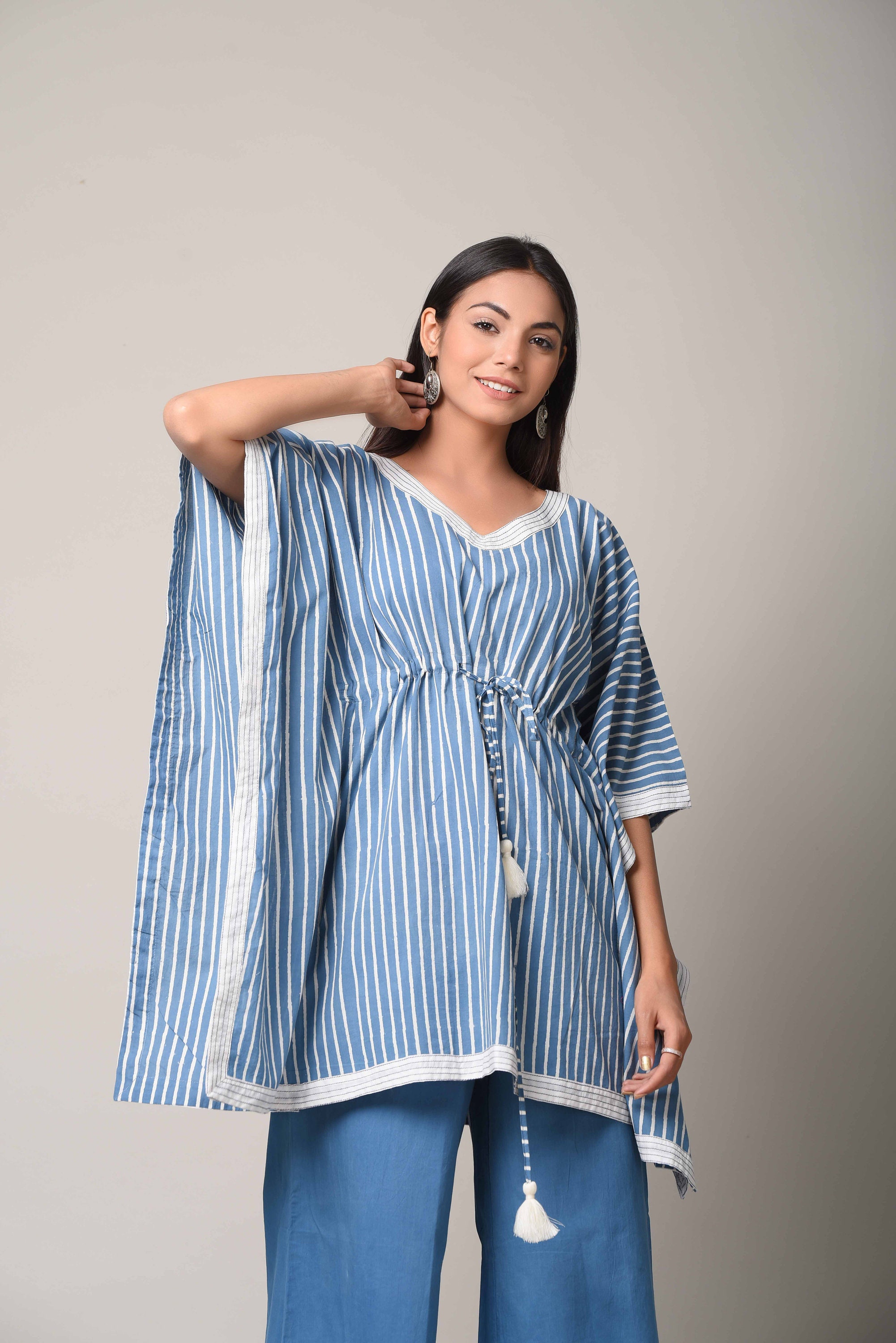 Striped Blue Block Print Caftan, Soft Cotton Handmade Short Kaftan ...