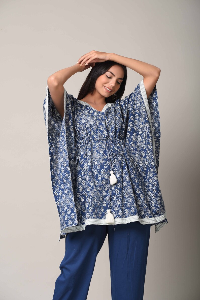 Soothing Short Kaftan Tunic, Flower Block Print Sleepwear Maxi Kimono ...